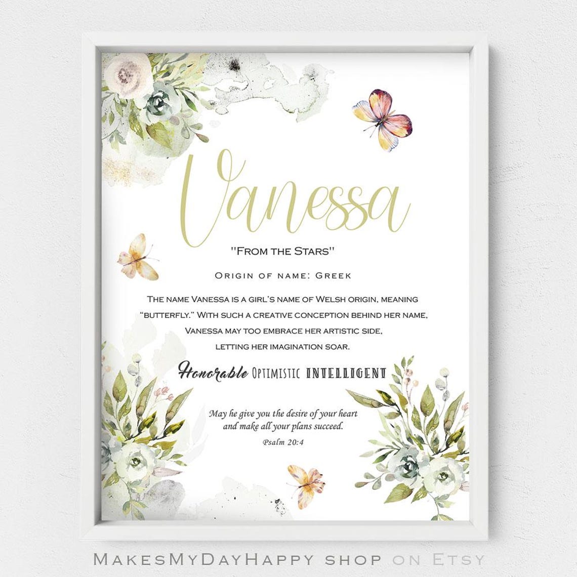 Vanessa Name Meaning,white Flowers,blush Floral Poster,baby Shower Gift ...