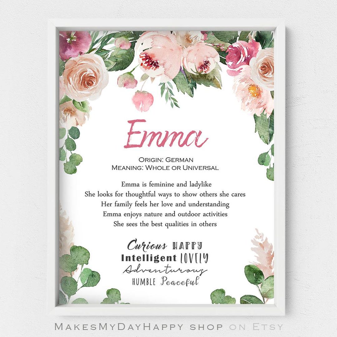 Emma Name Wall Art,personalized Name Meaning,blush Orange Floral,german ...