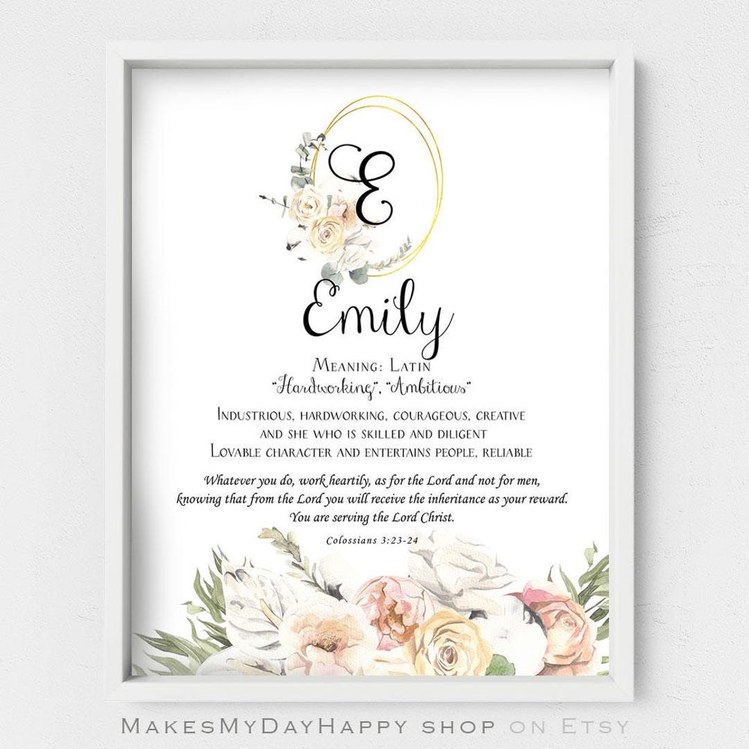 Emily Name Wall Art,personalized Name Meaning,blush Pink Floral,name ...