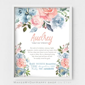 Audrey Name Meaning,floral First Name Wall Art,light Blue Flowers,blush ...