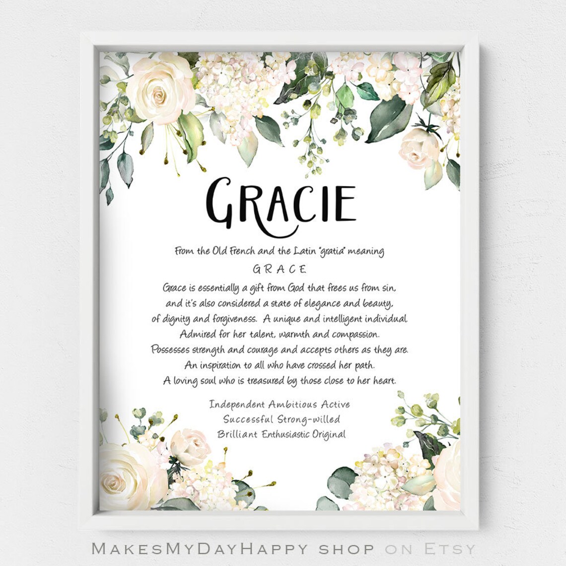 Custom Name Meaning Printable Wall Art,white Blush Nursery,gracie Name ...