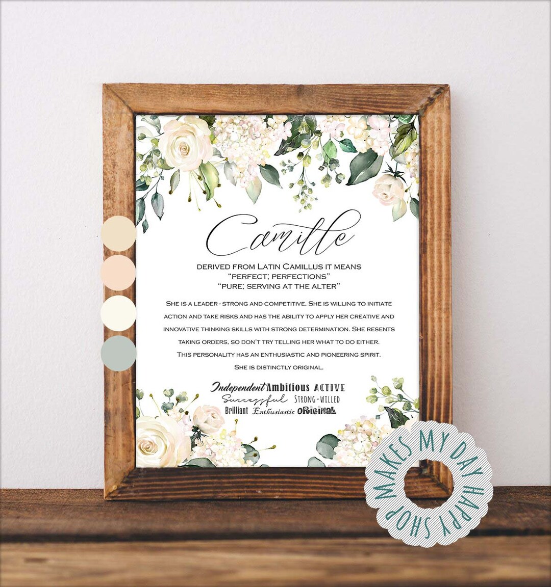 Camille Name Meaning Birthday Gift,white Cream Watercolor Roses,custom ...