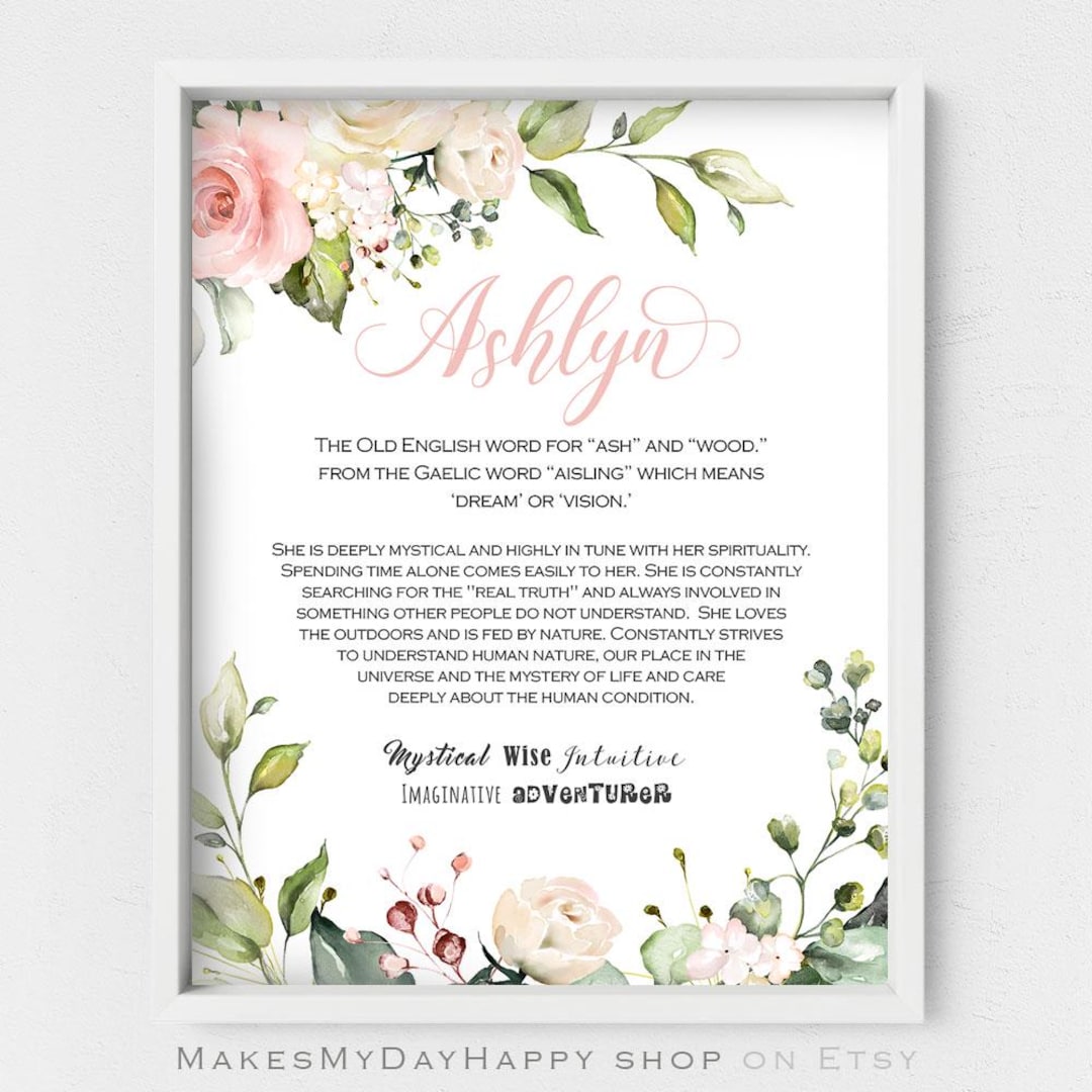 Ashlyn Name Meaning,blush Pink Roses,green Leaf,first Name Wall Art ...