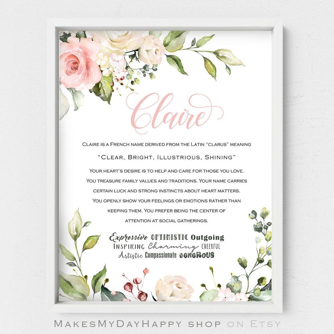 Claire Name Wall Art,blush White Floral,green Leaf Decor,bridal Art ...