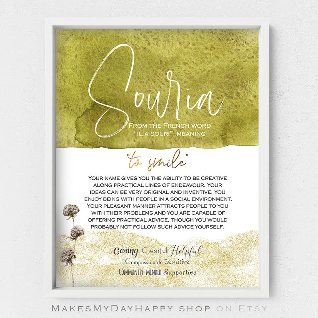 Souria Name Meaning,floral Name Wall Art,mustard Green Personalized ...