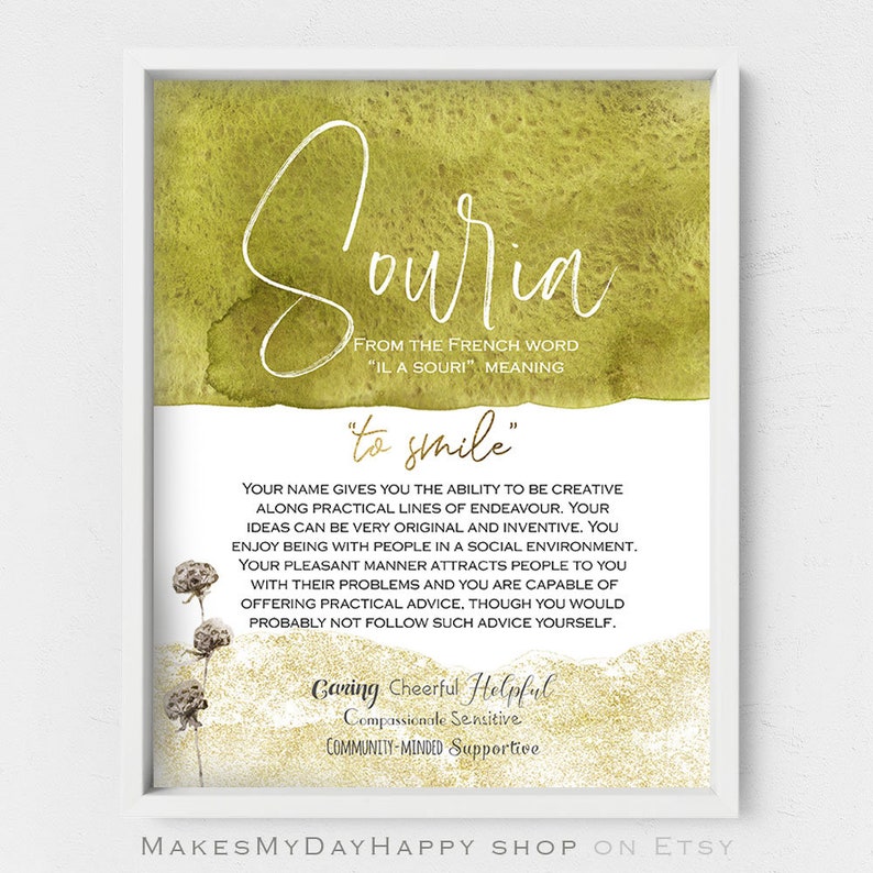 Souria Name Meaningfloral Name Wall Artmustard Green - Etsy