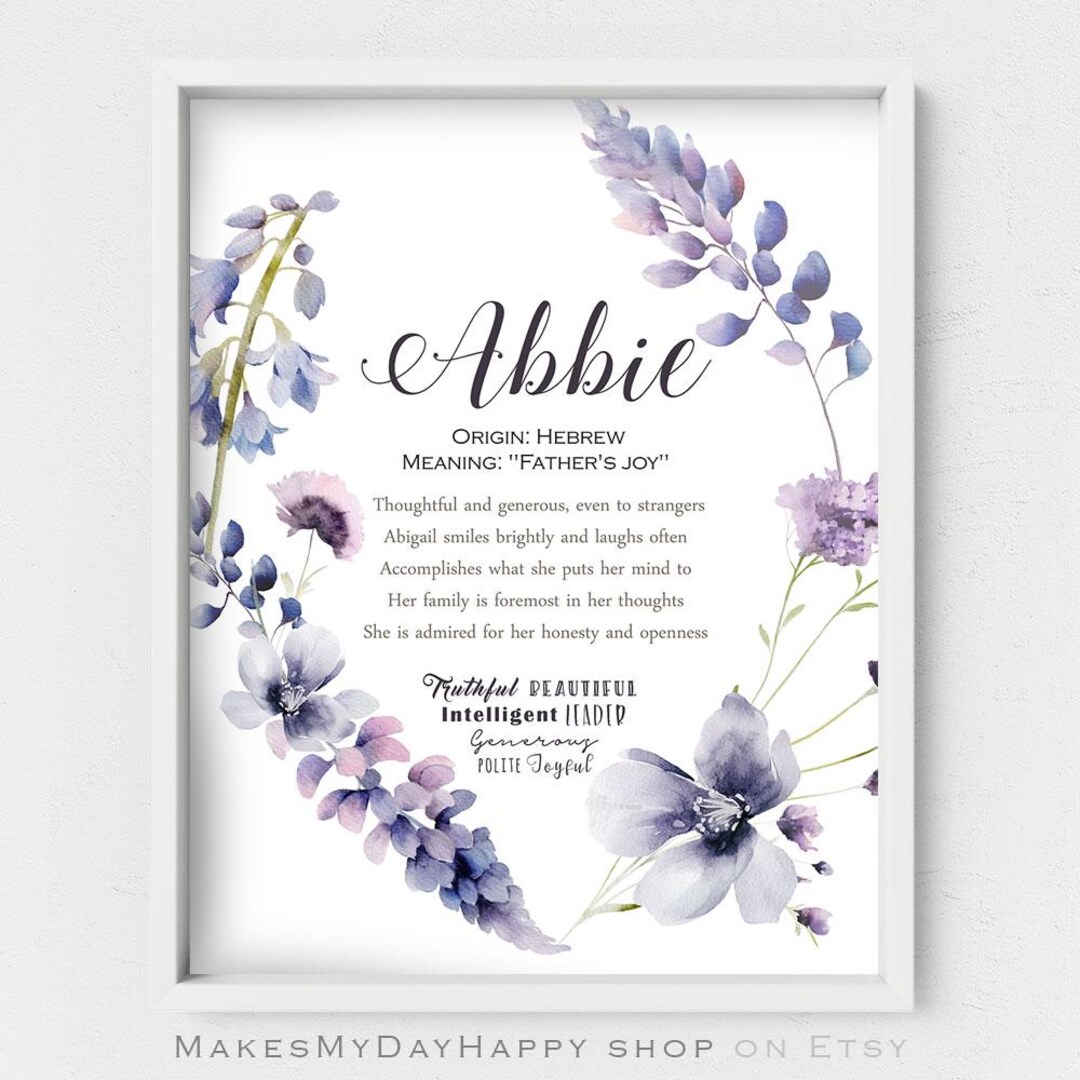 Abbie Name Wall Art,hebrew Origin of Name,blush Purple Blue Floral,best ...