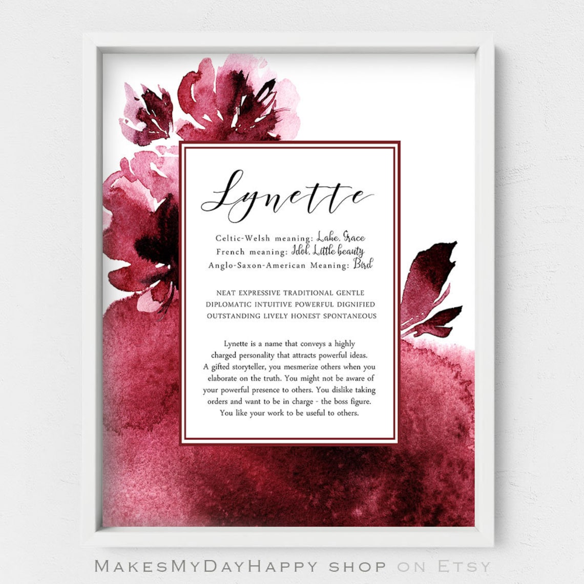 Lynette Name Meaning,abstract Burgundy Color Frame,personalized Gift ...