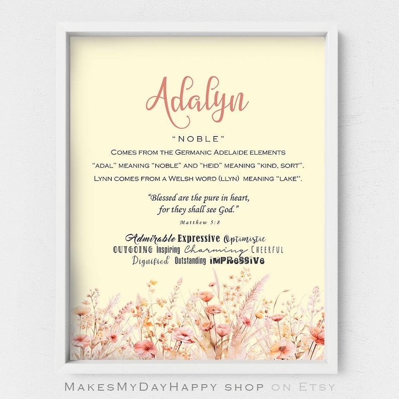 Adalyn Name Meaning,first Name Poster,personalized Gift,pink Floral ...