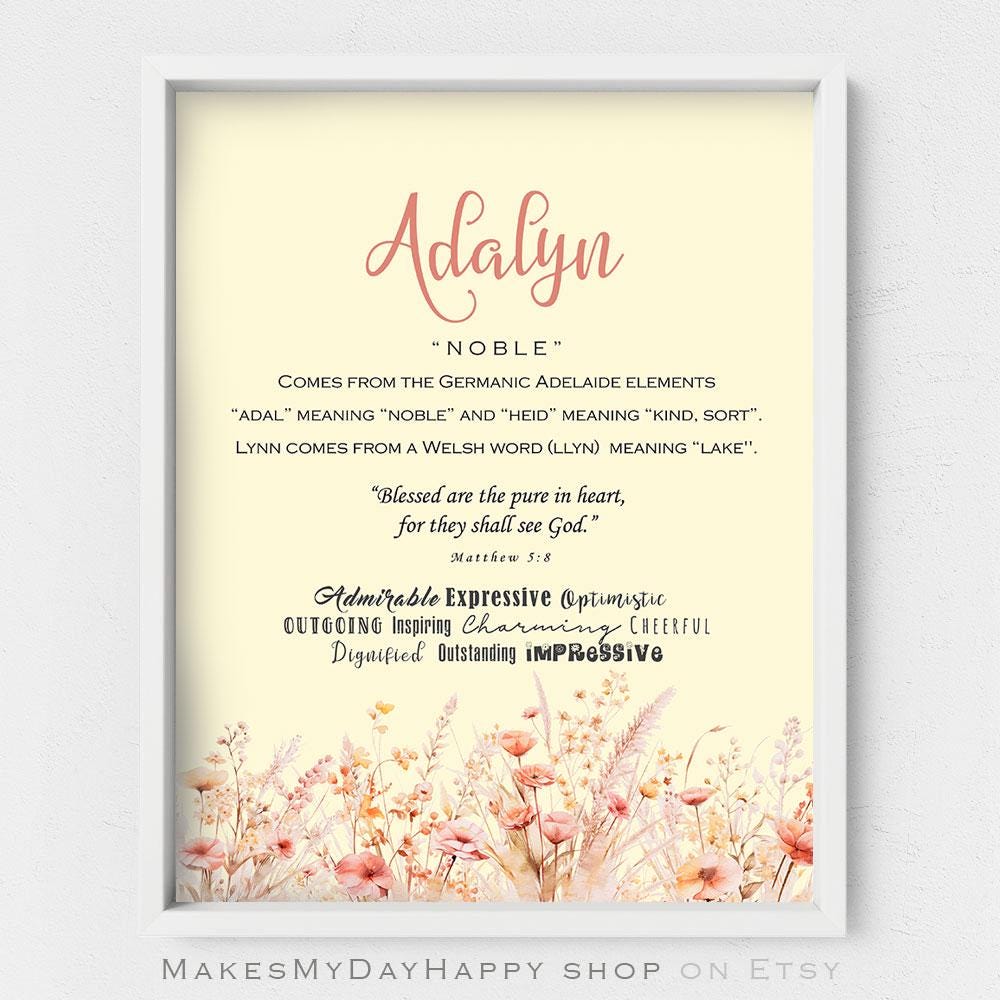 Adalyn Name Meaning,first Name Poster,personalized Gift,pink Floral ...