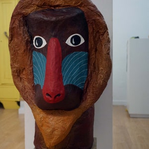 Paper-mache Mandrill Head Totem, Big Barnabé. Large Paper Sculpture ...