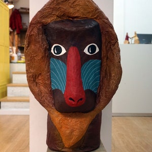 Paper-mache Mandrill Head Totem, Big Barnabé. Large Paper Sculpture ...