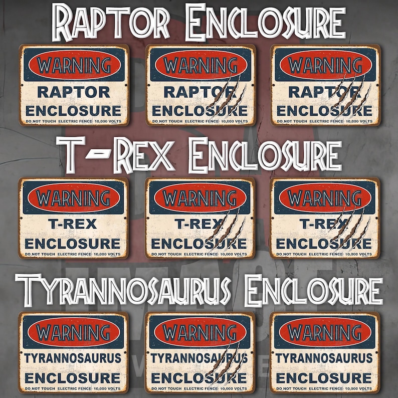 Dinosaur Enclosure Signs Raptor, T-rex and More Metal Wall Decor for ...