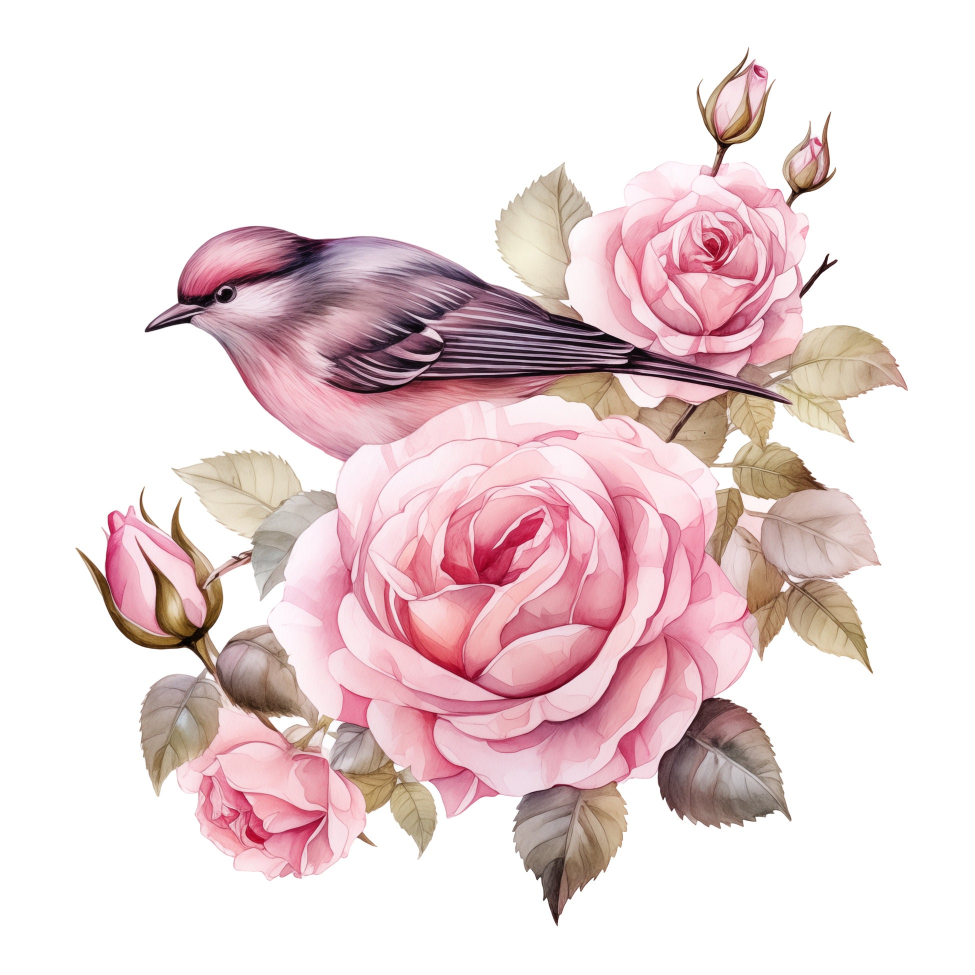 Pink Roses and Bird Clipart Bundle, 10 High Quality Printable Jpgs ...