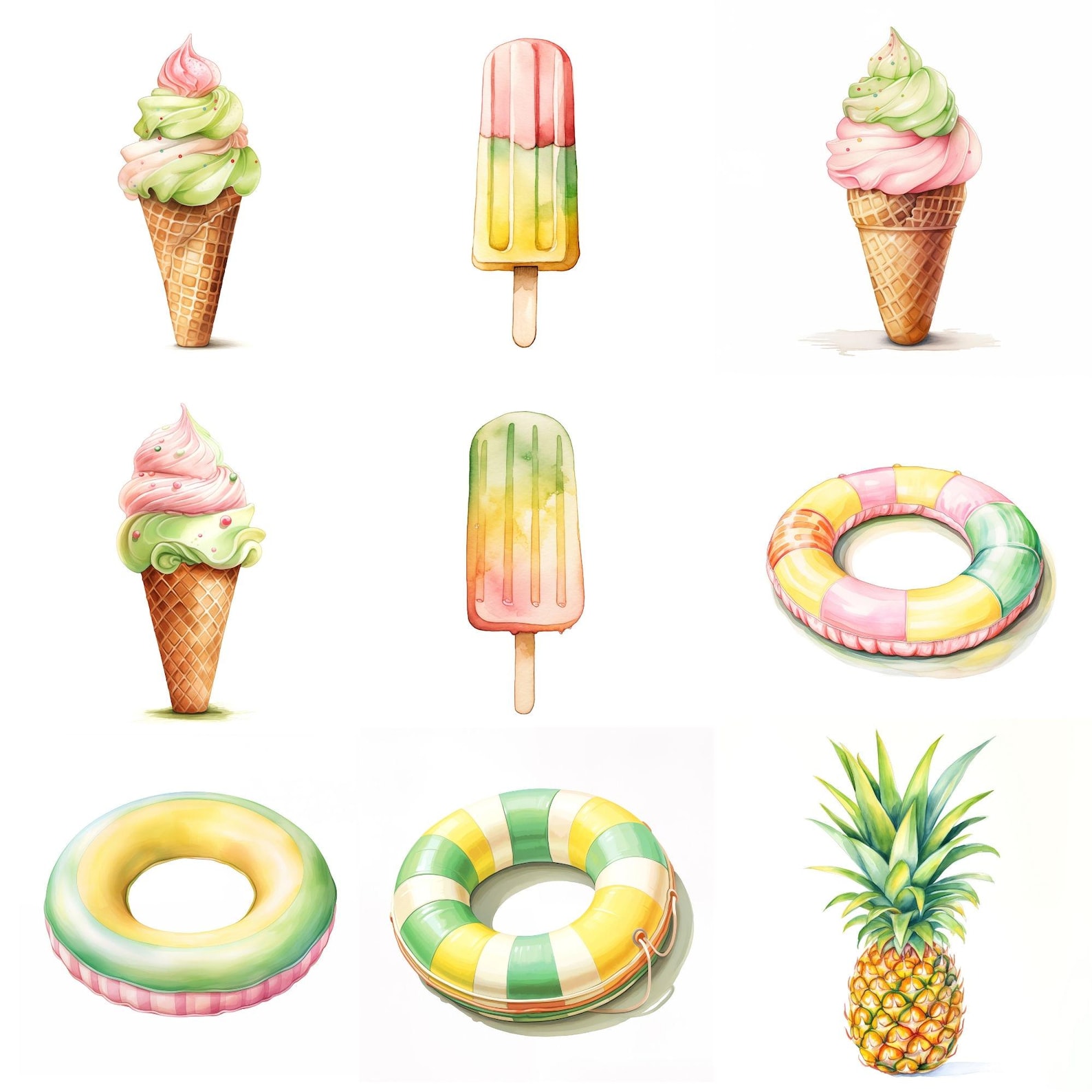 Vintage Watercolor Summer Icons Clipart, Seasonal Illustration ...