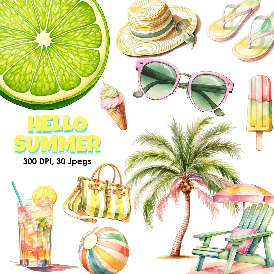 Vintage Watercolor Summer Icons Clipart, Seasonal Illustration ...