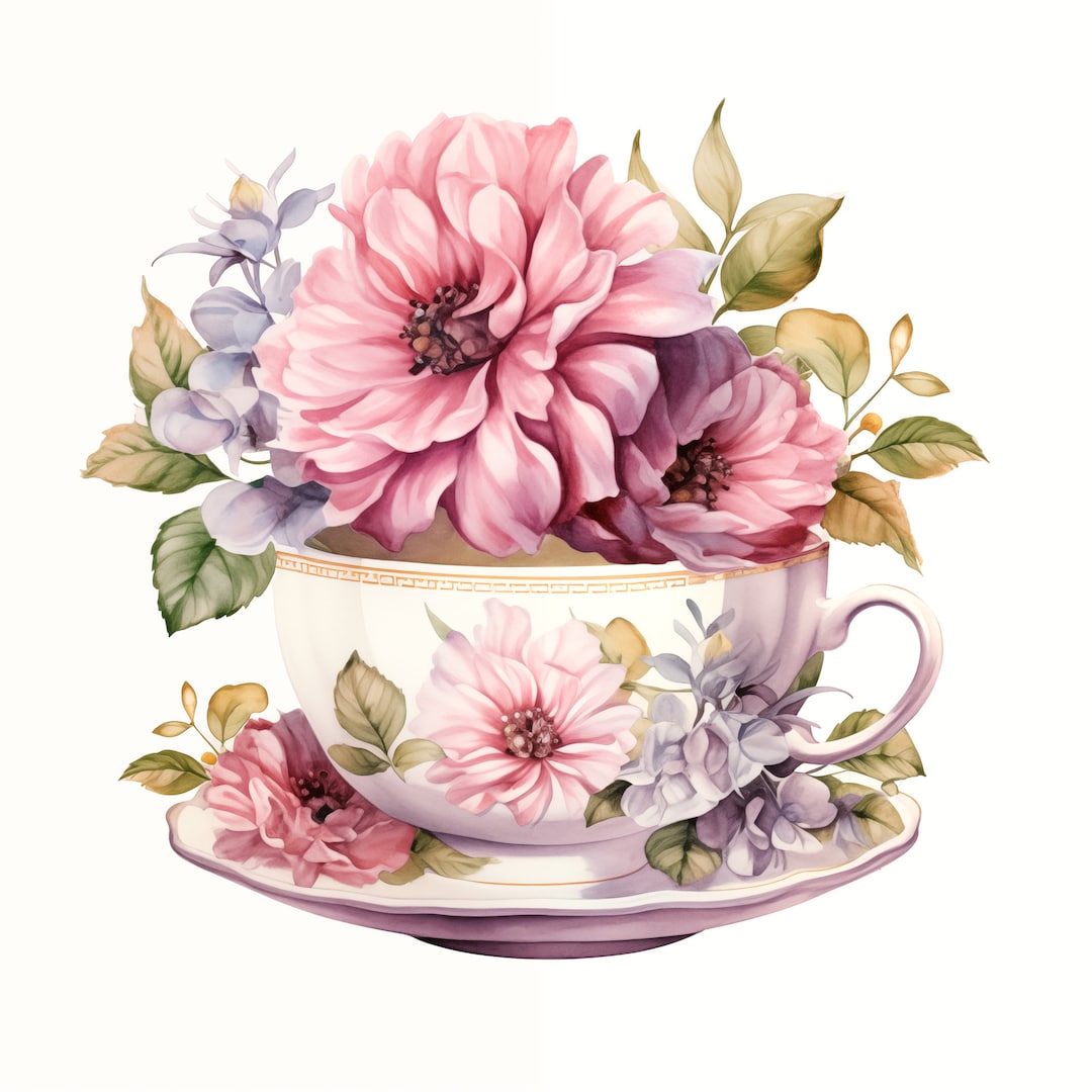 Watercolor Vintage Tea Cup With Flowers Clipart Bundle, 10 High Quality ...