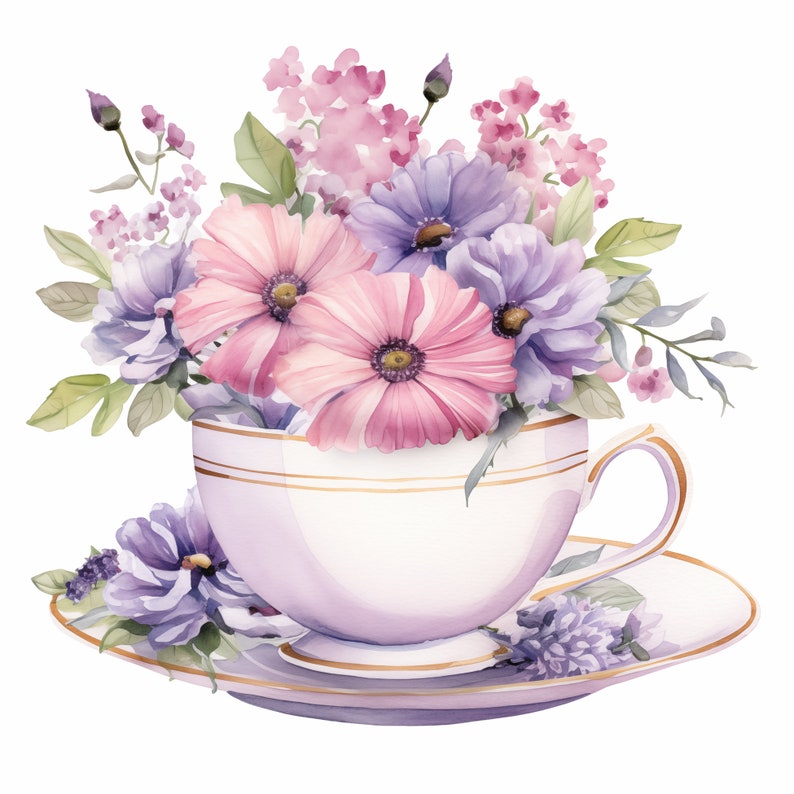 Watercolor Vintage Tea Cup With Flowers Clipart Bundle, 10 High Quality ...