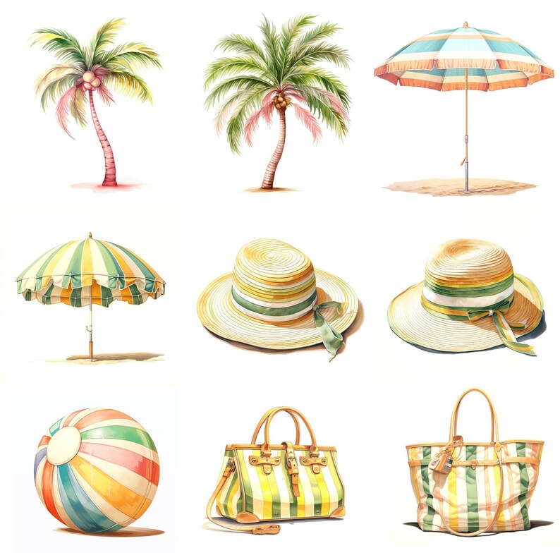 Vintage Watercolor Summer Icons Clipart, Seasonal Illustration ...