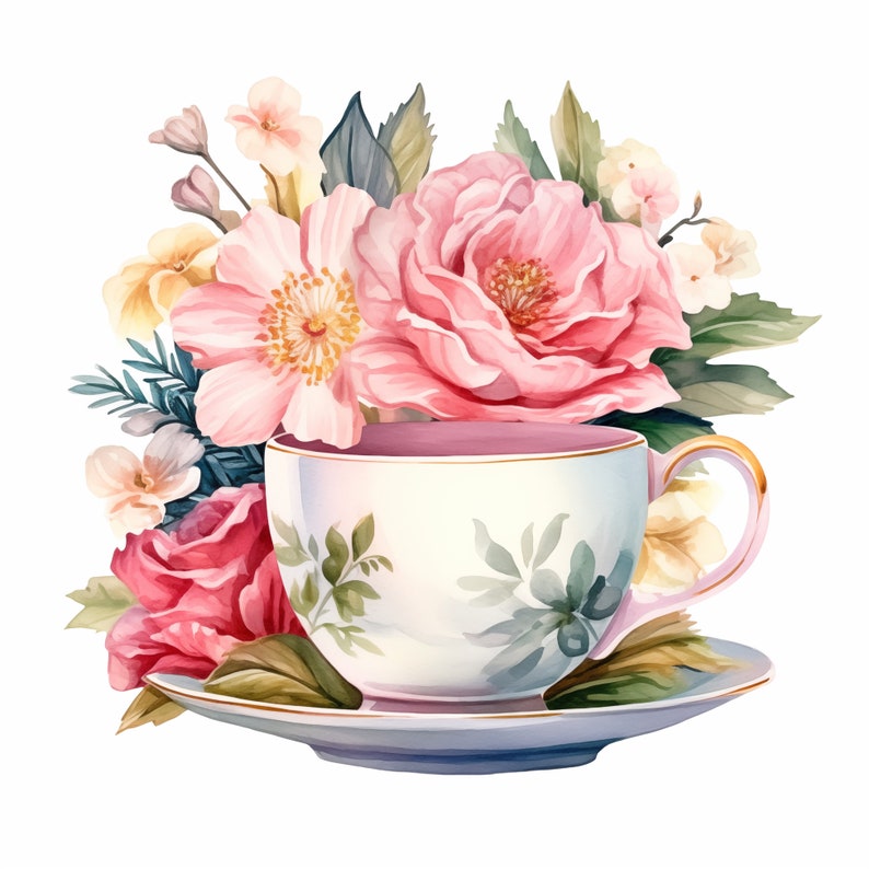 Watercolor Vintage Tea Cup With Flowers Clipart Bundle, 10 High Quality ...