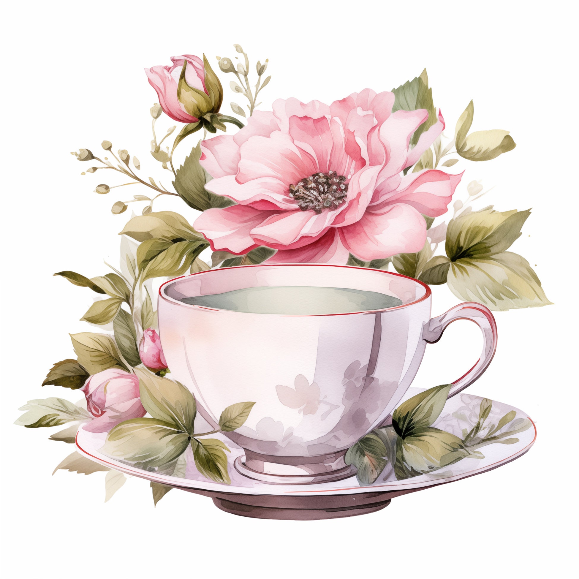 Watercolor Vintage Tea Cup With Flowers Clipart Bundle, 10 High Quality ...