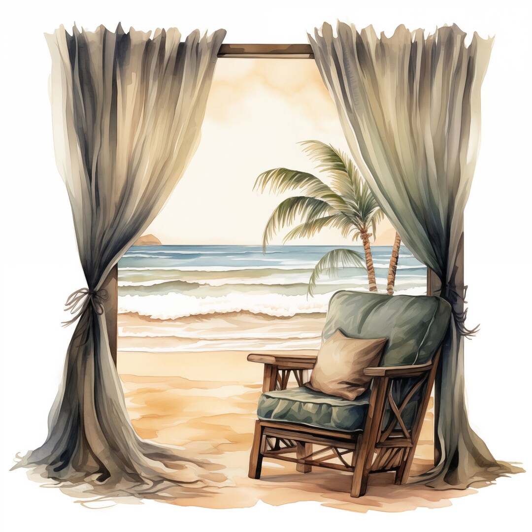 12 Watercolor Beach Scene With Palm Trees and Waves Clipart Bundle, High Quality Printable Jpgs ...