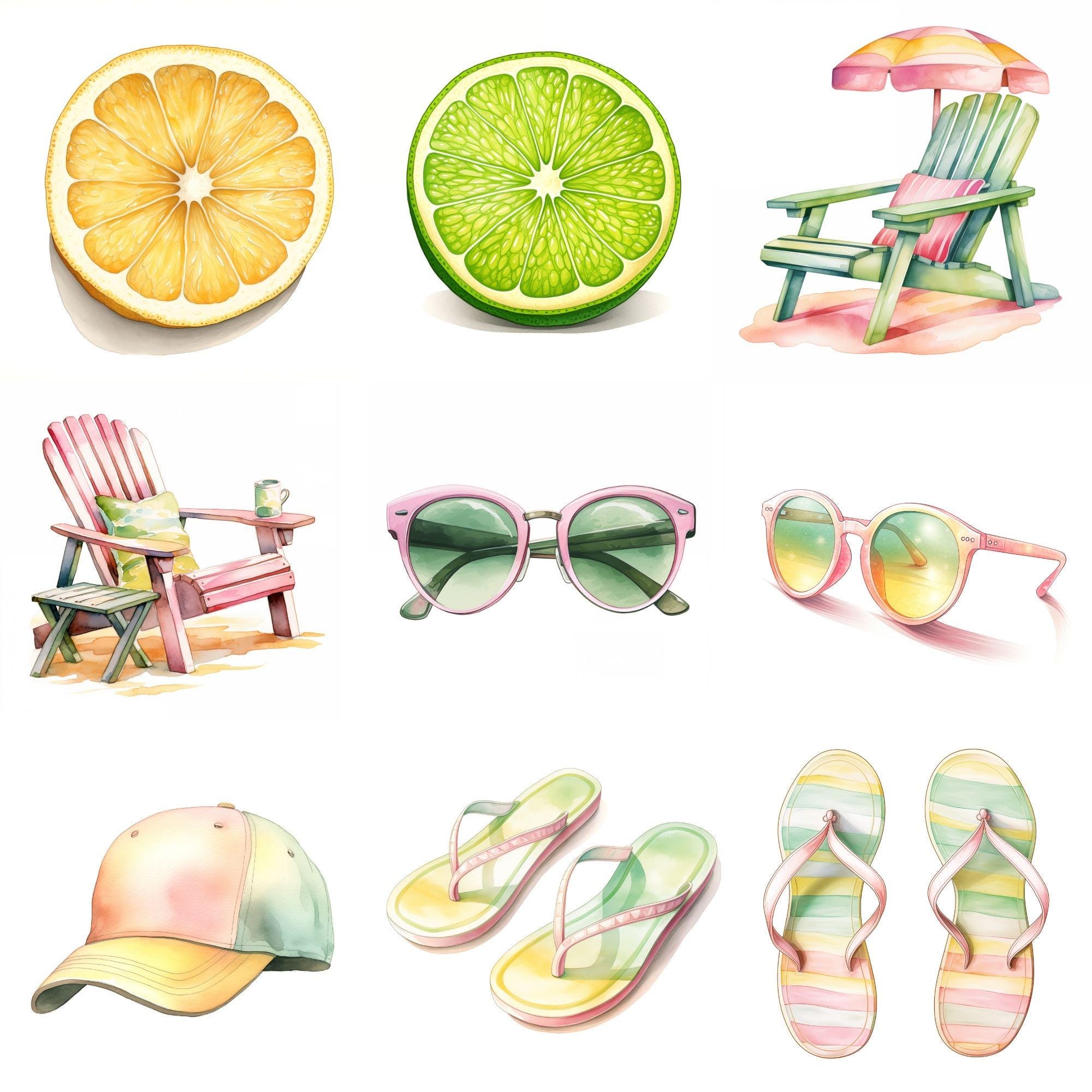 Vintage Watercolor Summer Icons Clipart, Seasonal Illustration ...