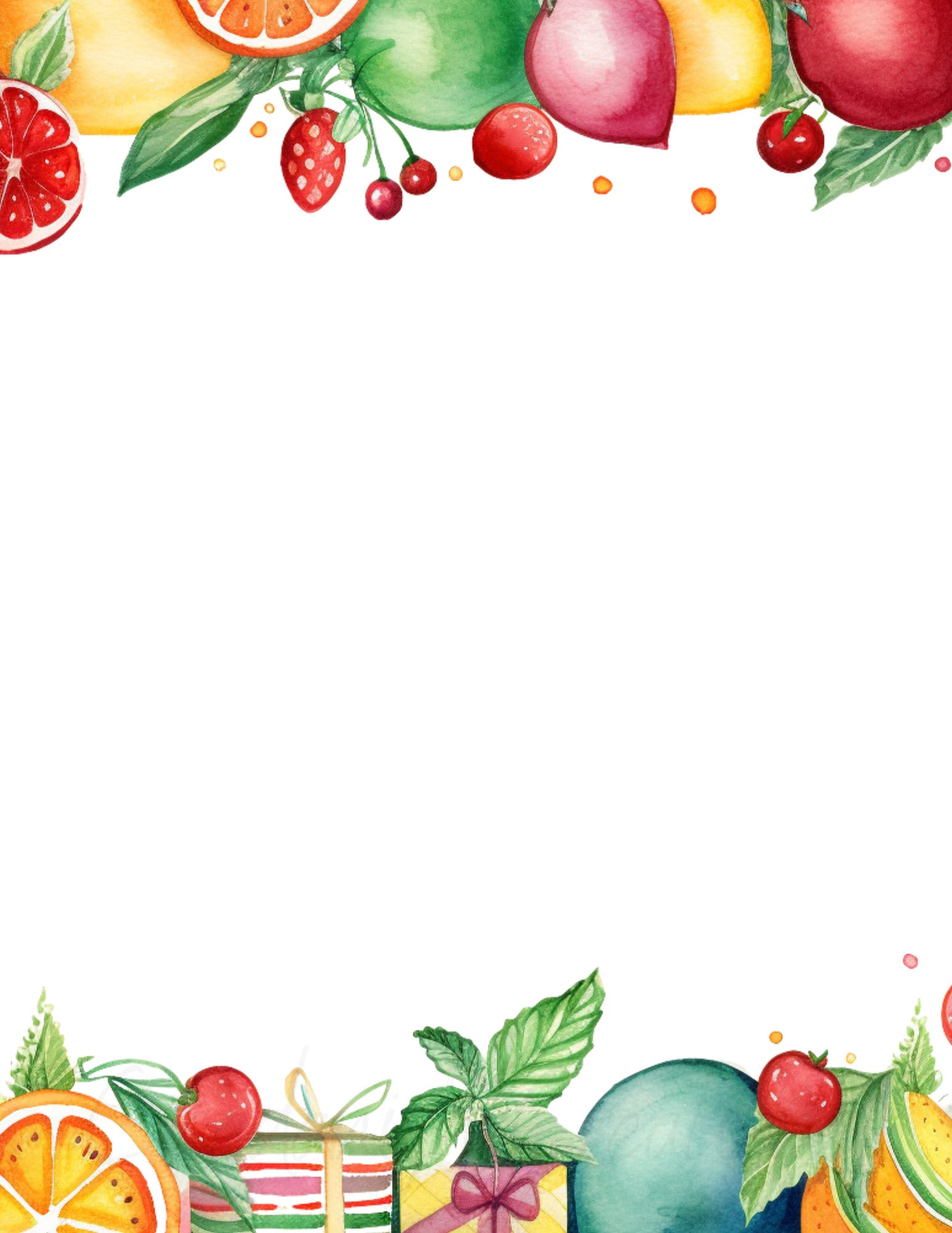 Whimsical Christmas Fruit Watercolor Printable Writing Paper Design Lot ...