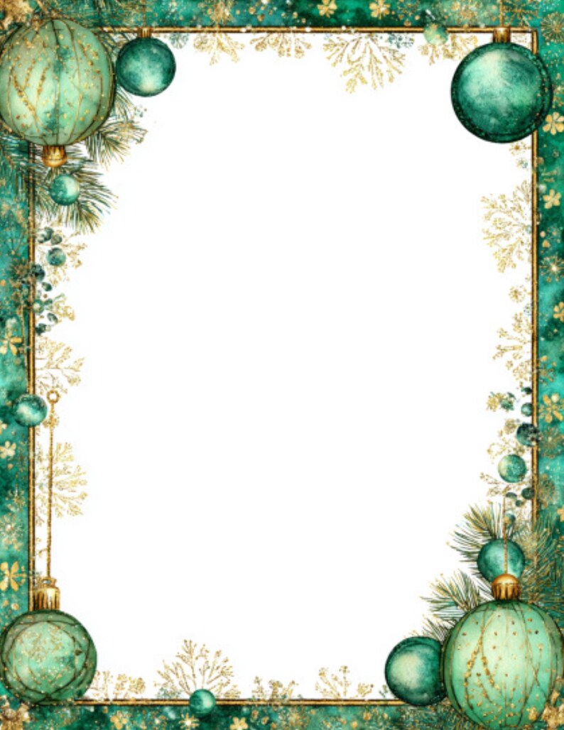 Whimsical Green With Gold Christmas Bulb Border Printable Writing Paper ...