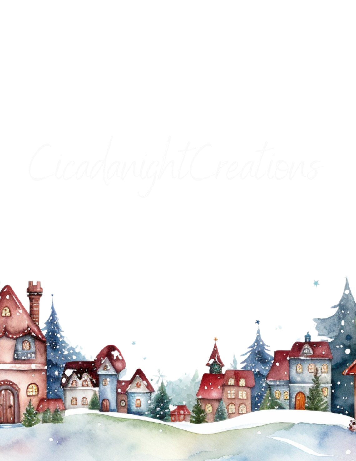 Whimsical Christmas Village Watercolor Printable Writing Paper Design ...