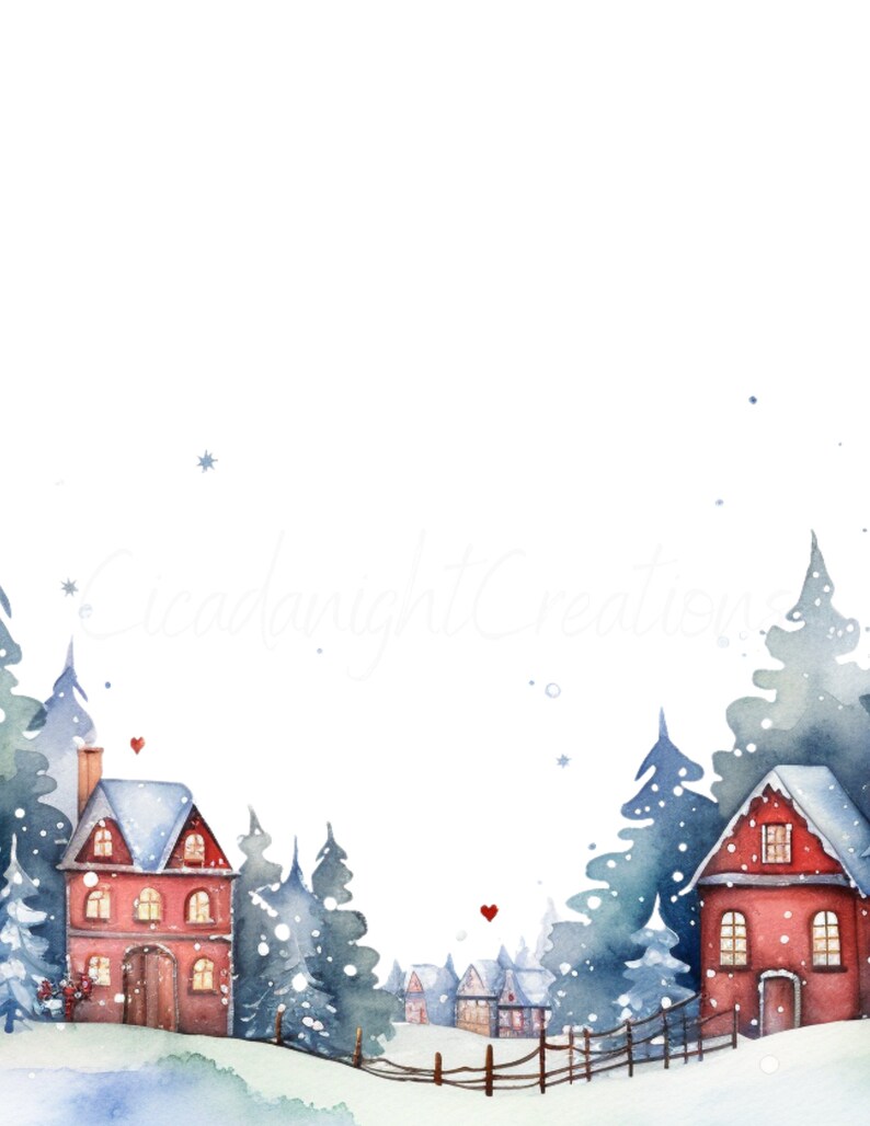 Whimsical Christmas Village Watercolor Printable Writing Paper Design ...