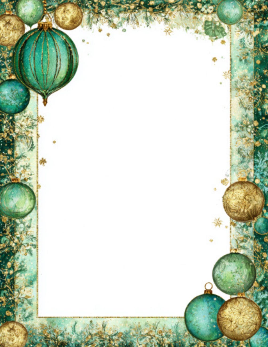 Whimsical Green With Gold Christmas Bulb Border Printable Writing Paper ...