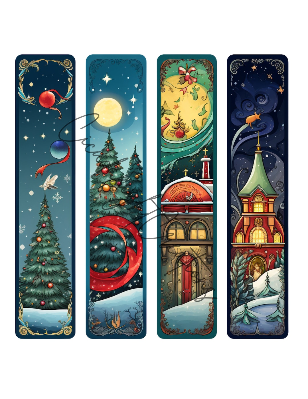 Beautiful Whimsical Christmas Printable Bookmarks - Lot of 4 - Etsy