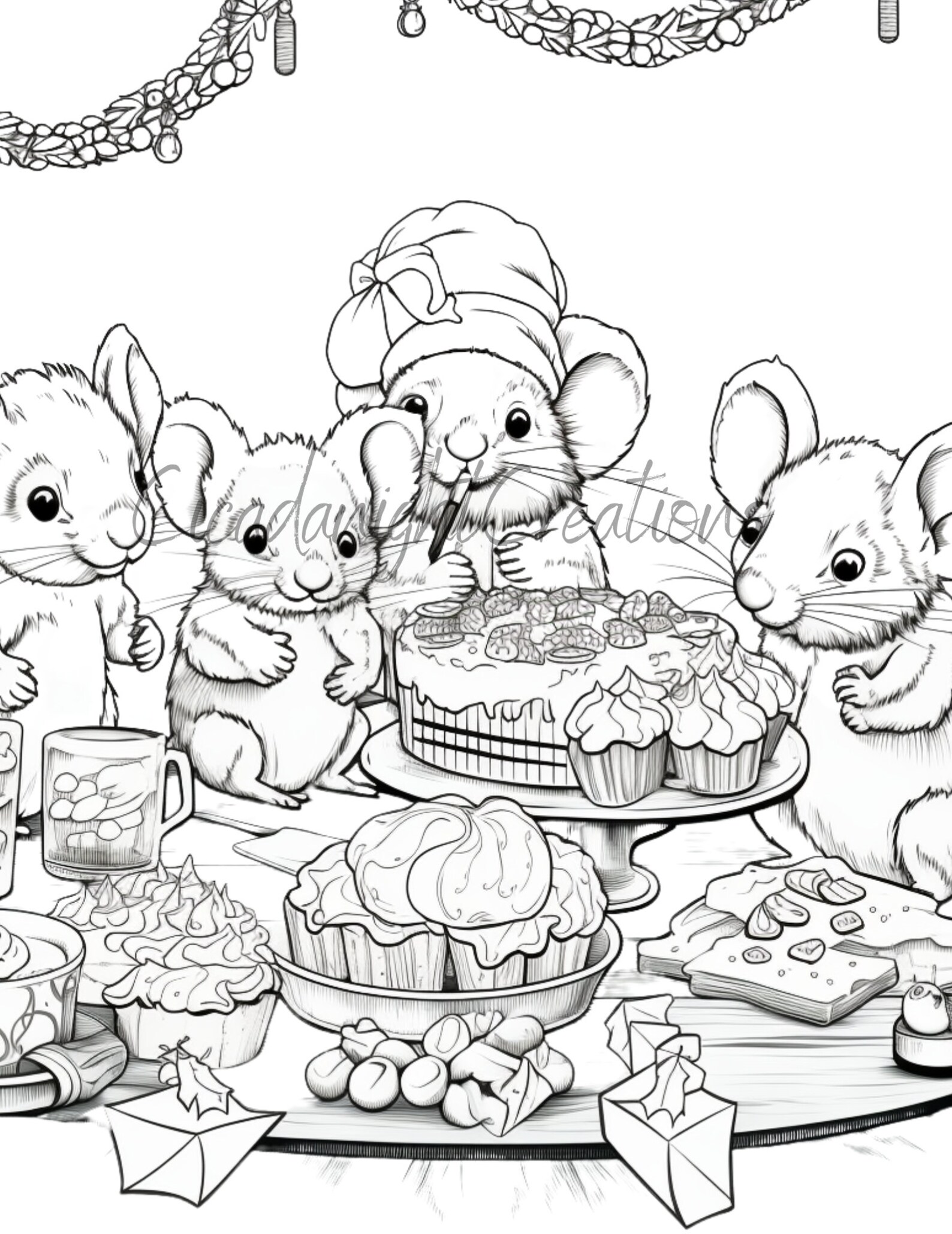 Whimsical Mouse Christmas Printable Coloring Pages Lot of 5 - Etsy