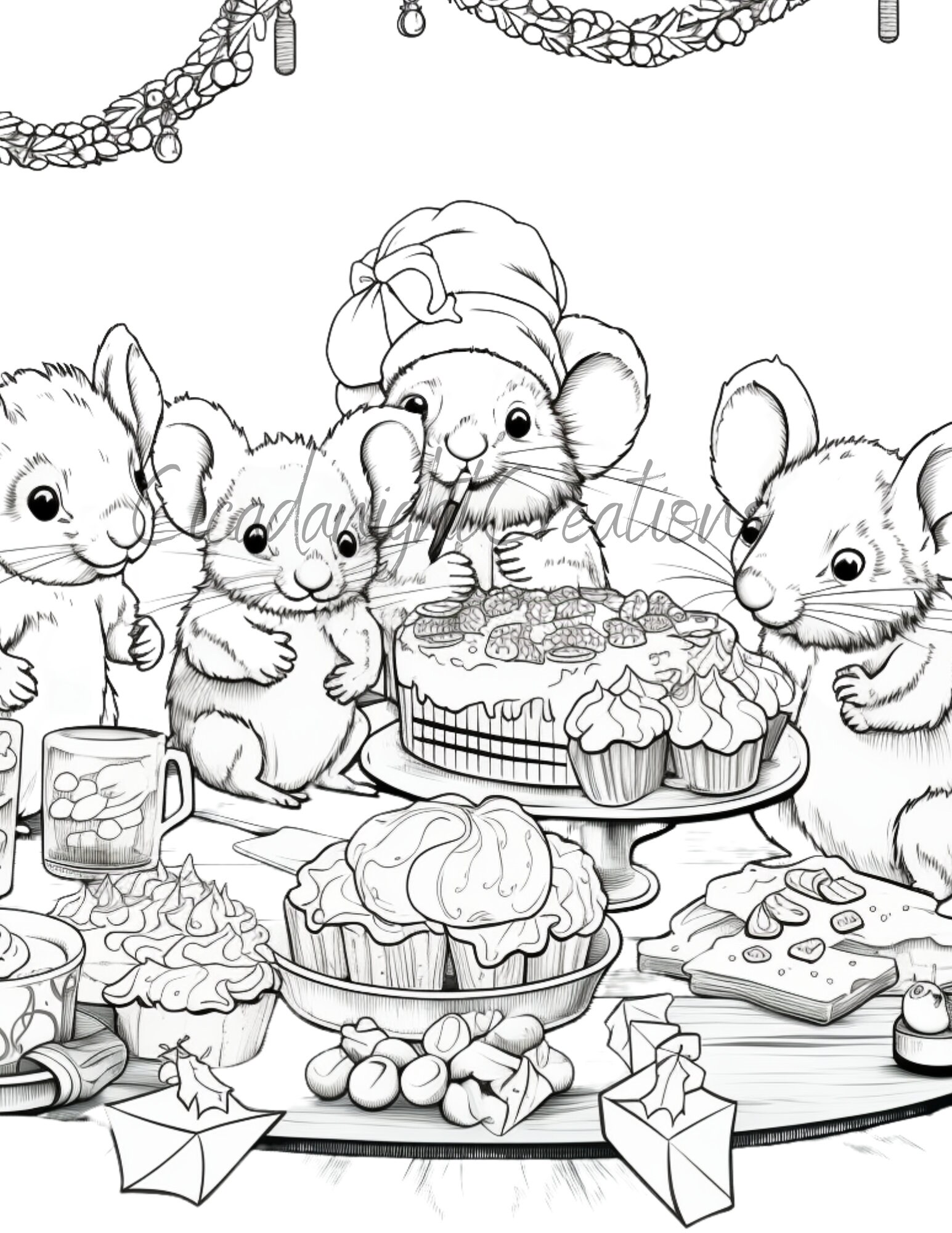 Whimsical Mouse Christmas Printable Coloring Pages Lot of 5 - Etsy