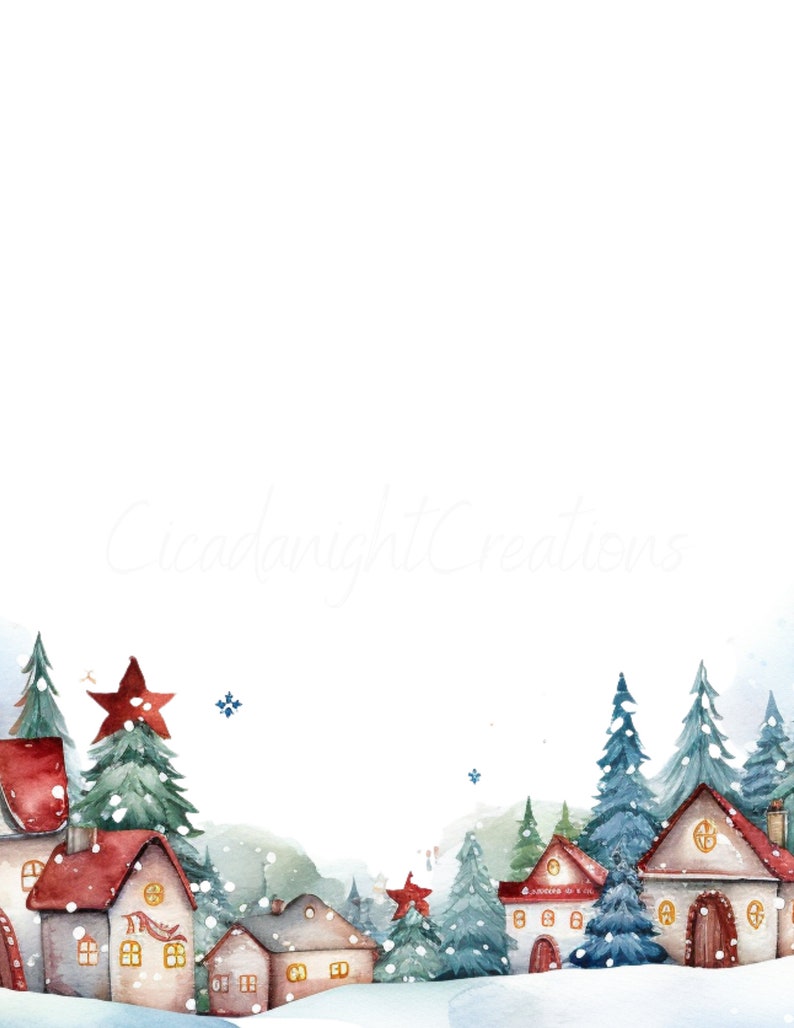 Whimsical Christmas Village Watercolor Printable Writing Paper Design ...