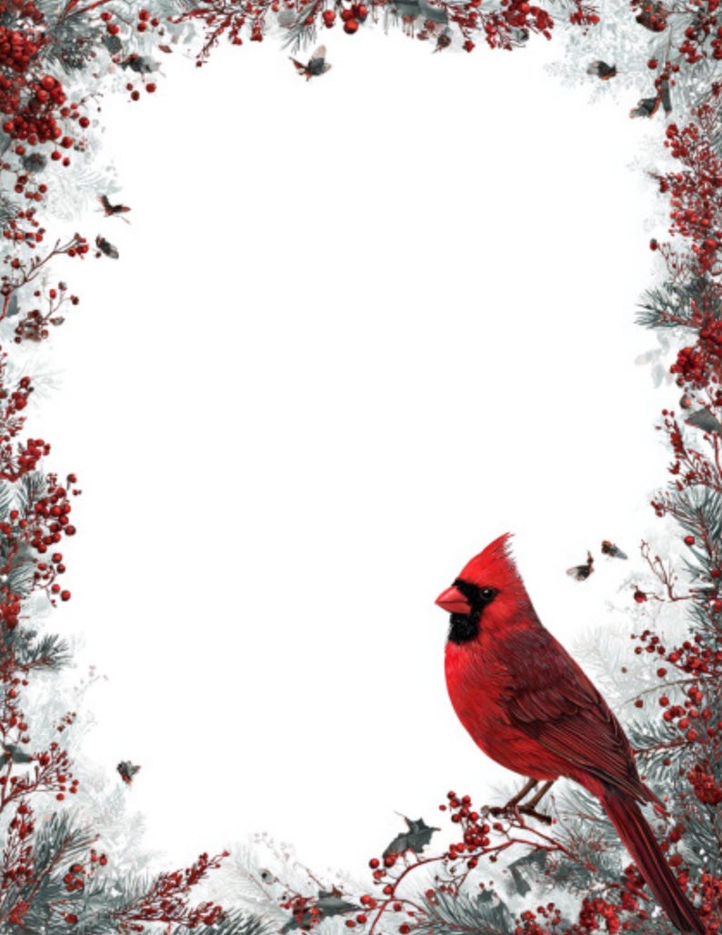 Winter Cardinal Border Printable Writing Paper Design - Lot of 5 - Etsy