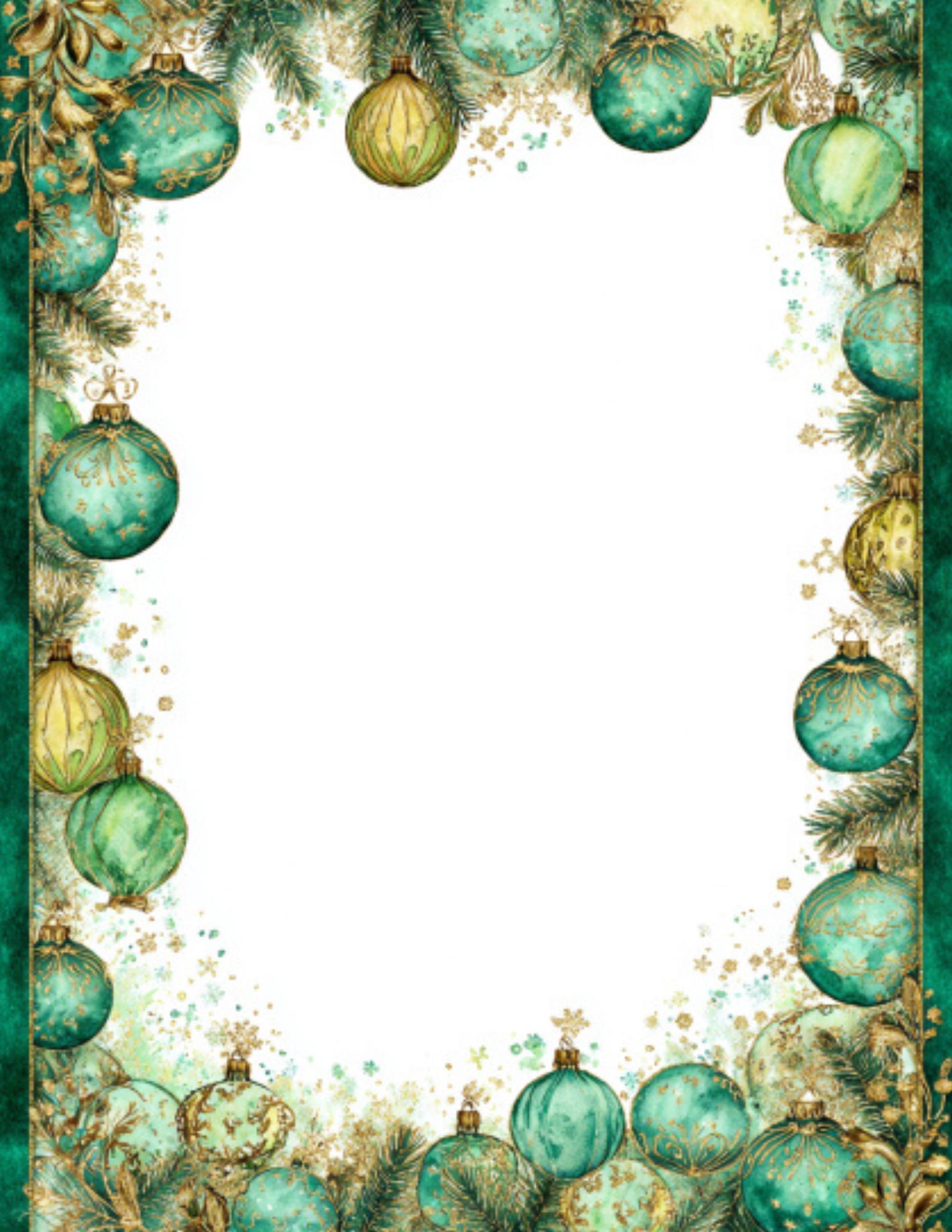Whimsical Green With Gold Christmas Bulb Border Printable Writing Paper ...