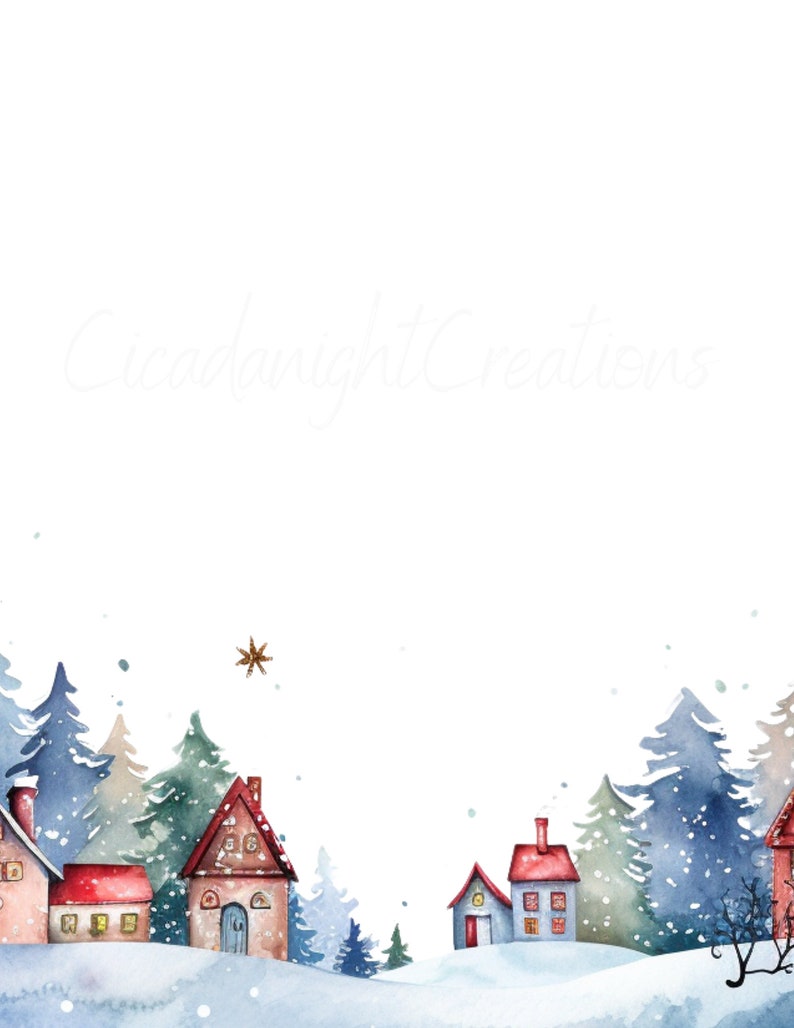 Whimsical Christmas Village Watercolor Printable Writing Paper Design ...
