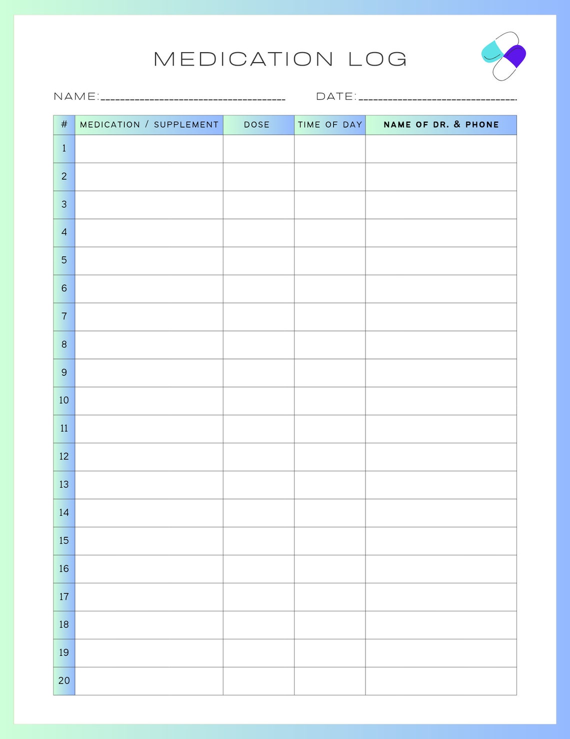 Medication PDF Printable - Etsy