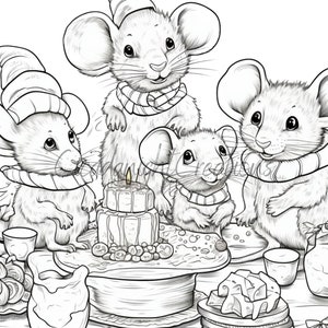 Whimsical Mouse Christmas Printable Coloring Pages Lot of 5 - Etsy