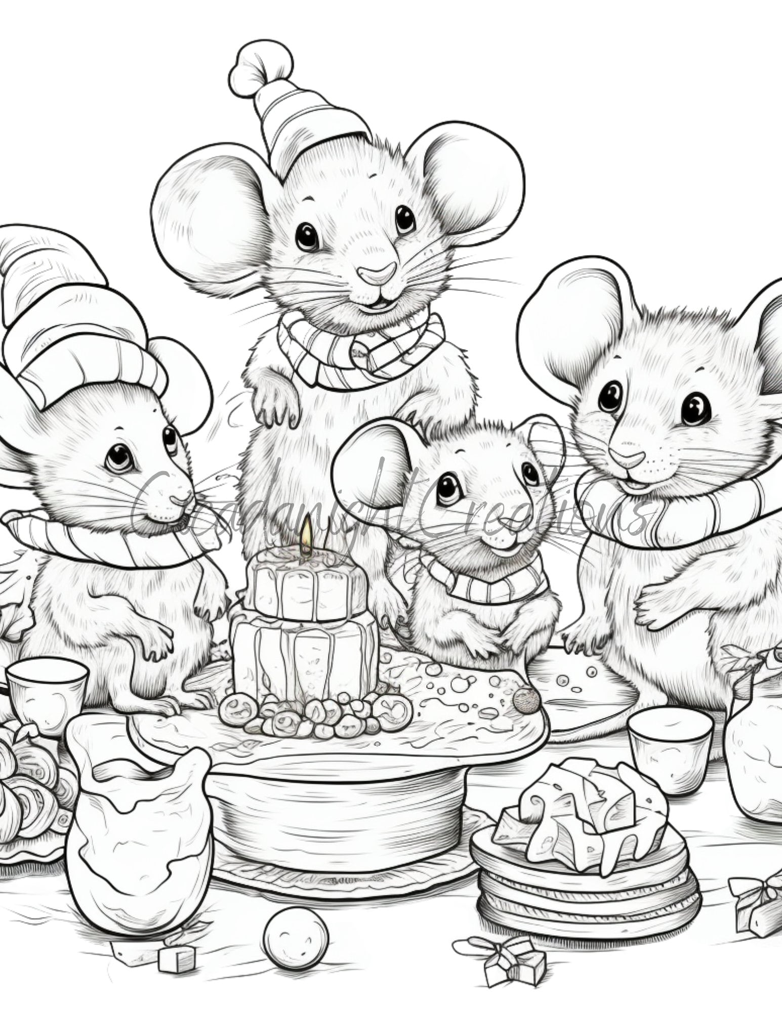 Whimsical Mouse Christmas Printable Coloring Pages Lot of 5 - Etsy