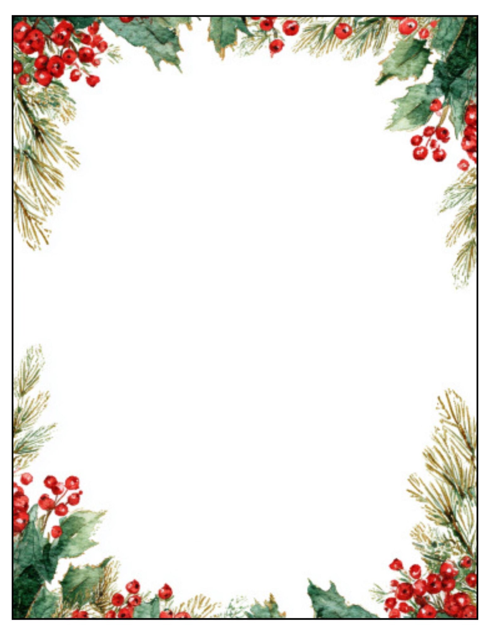 Traditional Pine and Berries Christmas Border Printable Writing Paper ...