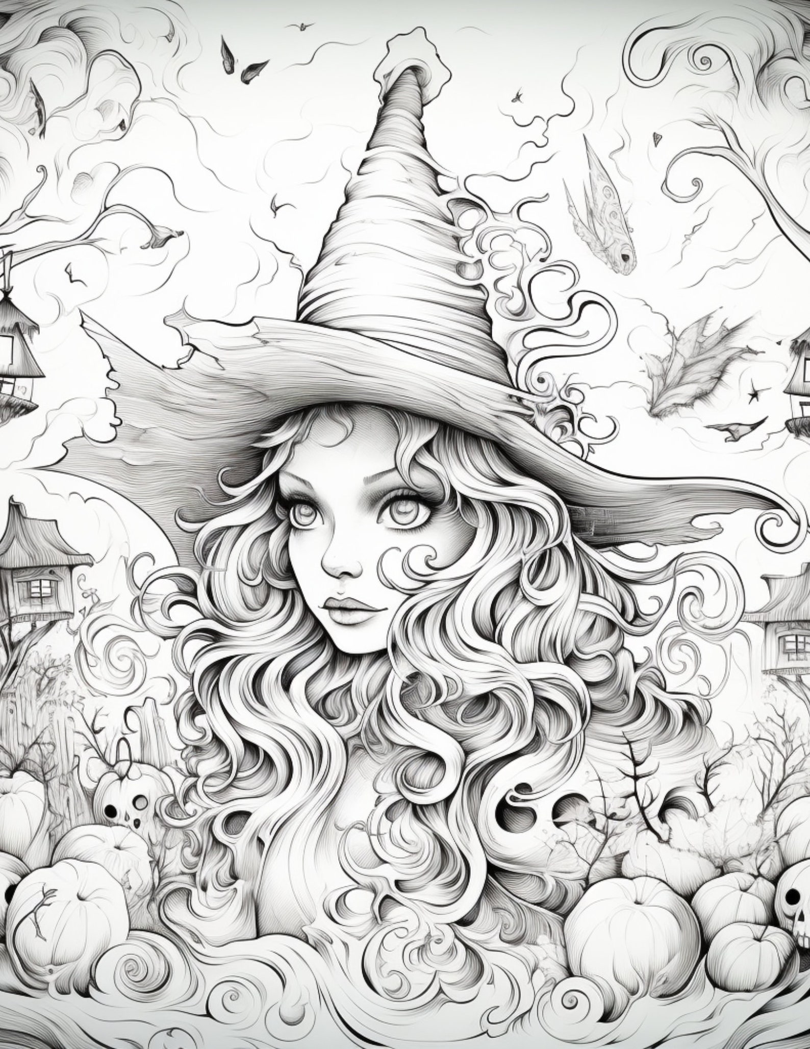 Halloween Adult Coloring Pages, Whimsical Girls, 5 Designs (digital ...