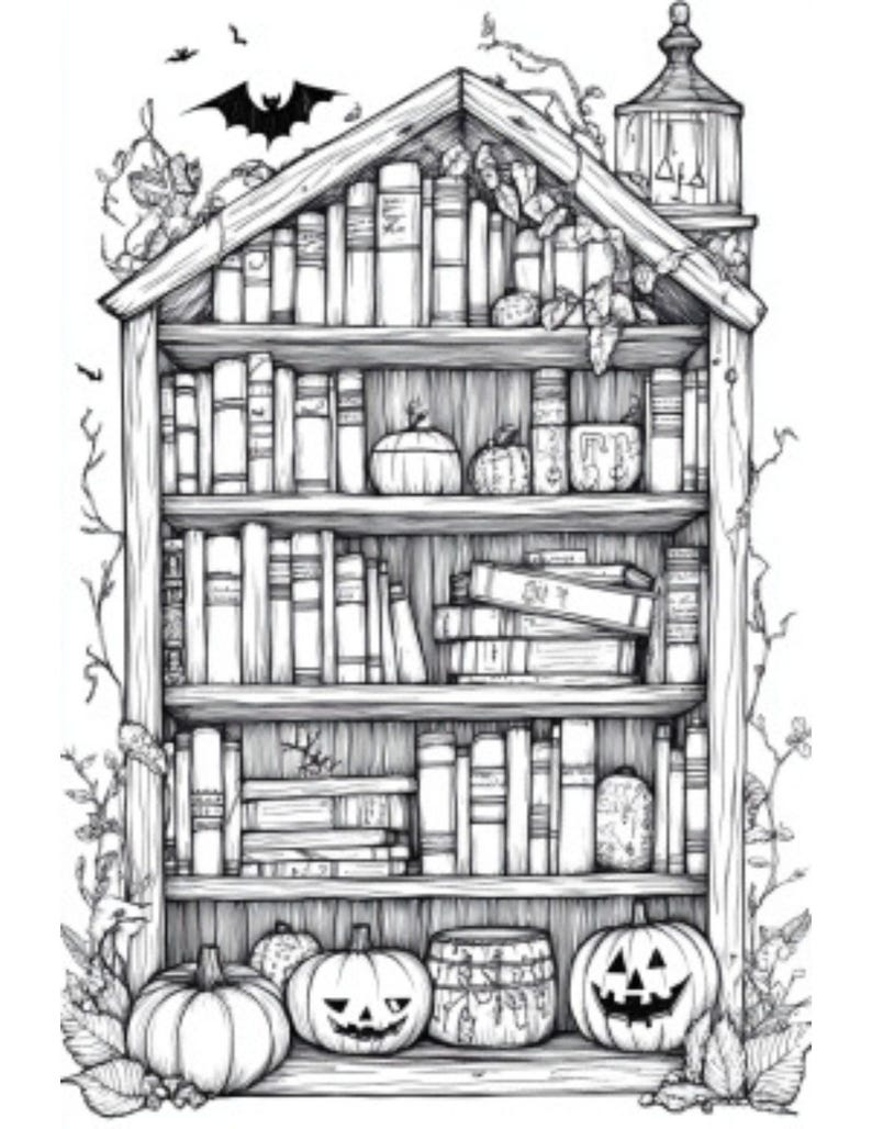 Whimsical Halloween Themed Bookshelf. 5 Fun Halloween Coloring Pages #2 ...