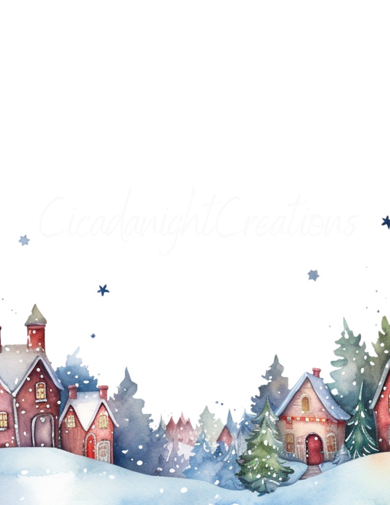 Whimsical Christmas Village Watercolor Printable Writing Paper Design ...