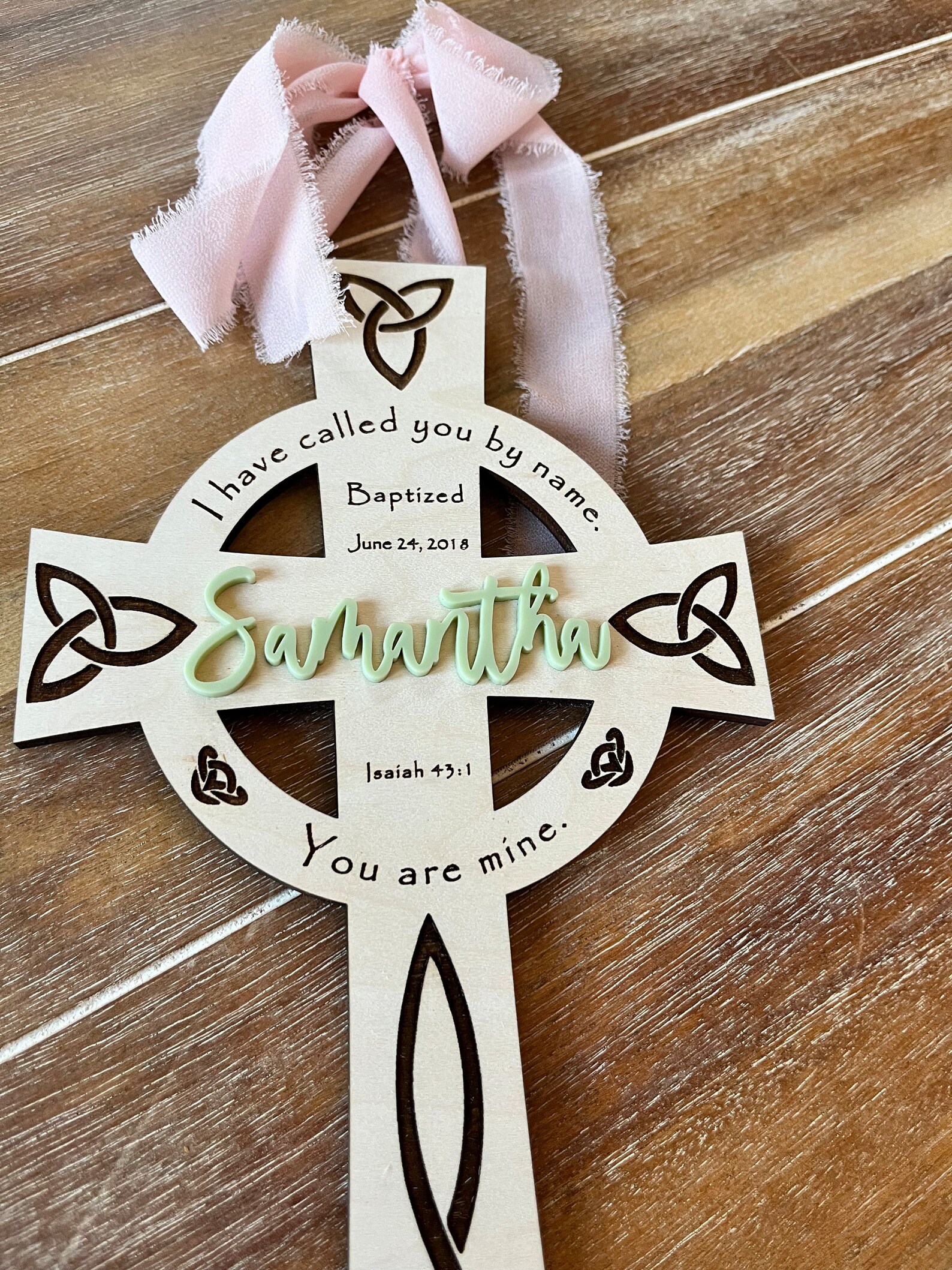 Personalized Celtic Natural Maple Wood Baptism Wall Cross, With Green ...