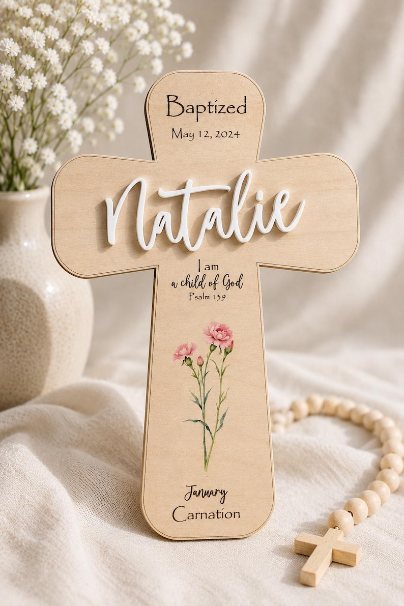 Personalized Maple Wood Birth Flower Baptism Cross | Custom Christening ...
