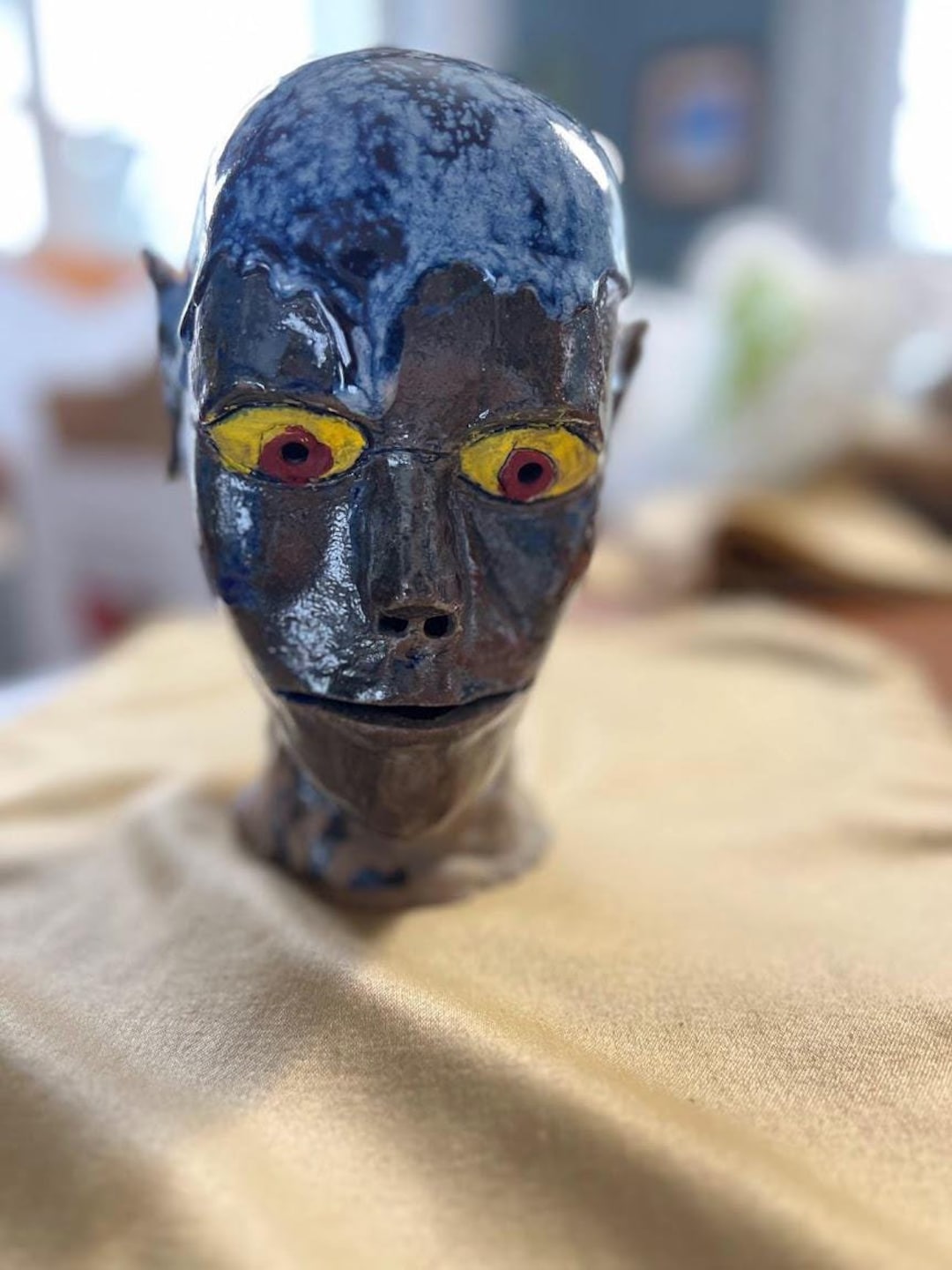 Alien Clay Head Art With Yellow Eyes, Pointy Ears. Ceramic, Blue Bust ...