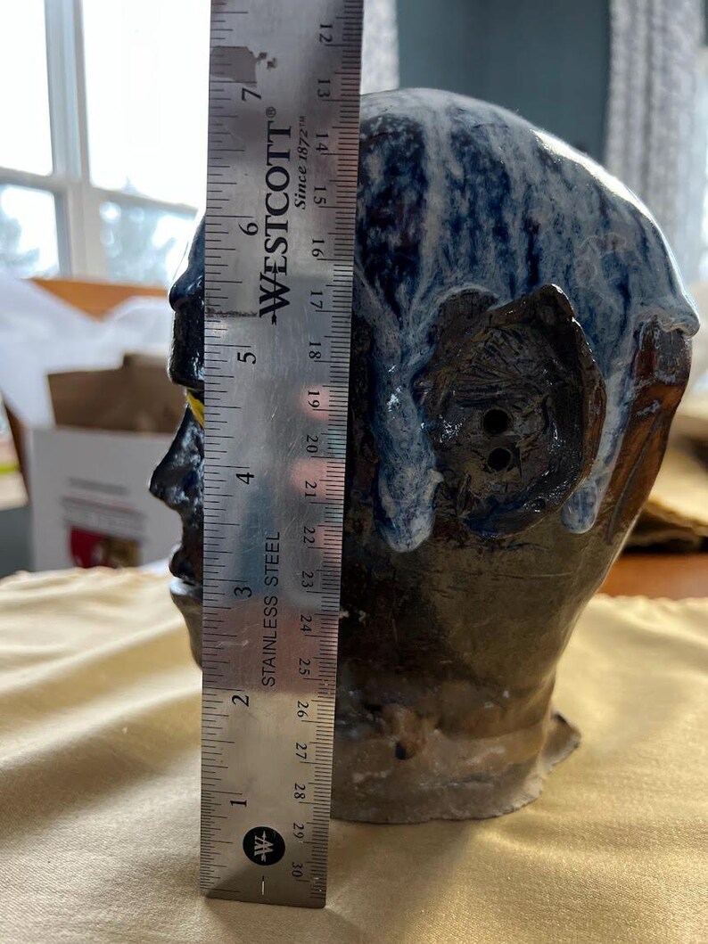 Alien Clay Head Art With Yellow Eyes, Pointy Ears. Ceramic, Blue Bust ...